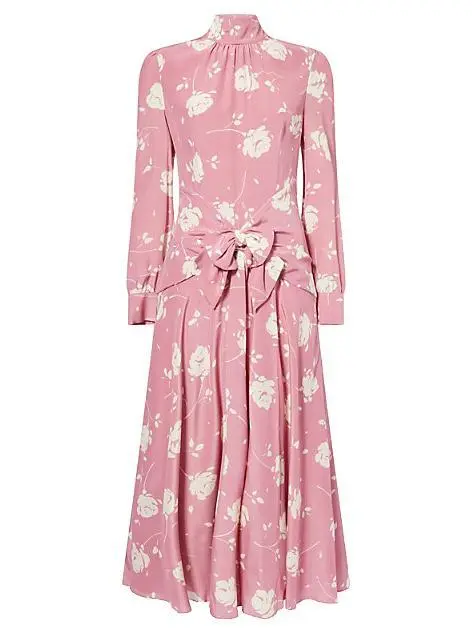 Alessandra Rich Floral High-neck Silk Midi Dress - Pink-white