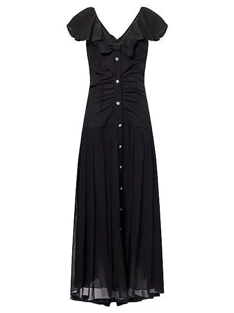 Alessandra Rich Pleated V-neck Silk Midi Dress - Black