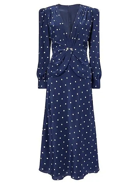 Alessandra Rich Silk Polka-dot Midi Dress - Navy Blue-white