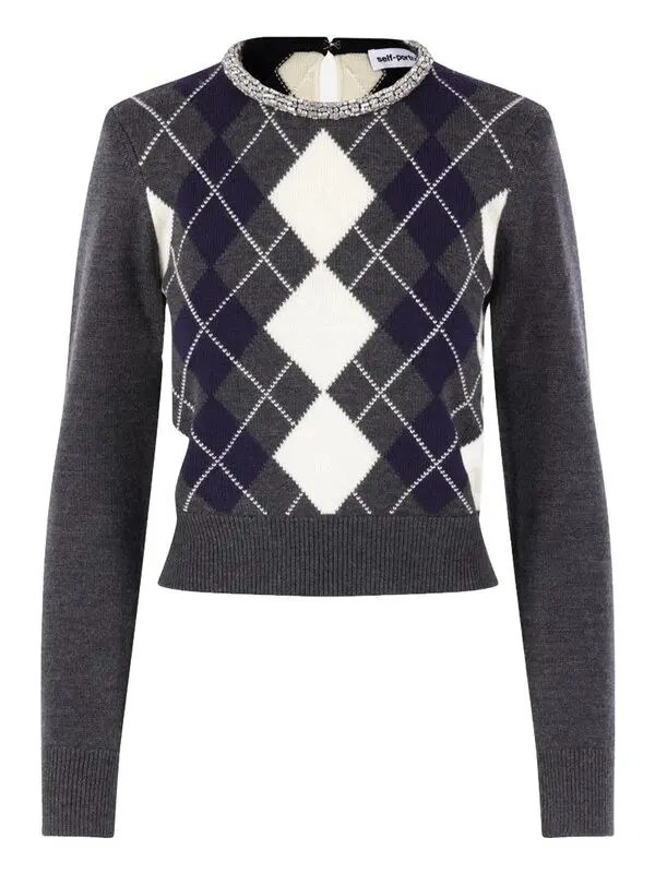 SELF-PORTRAIT Argyle Wool Knit Sweater - Grey