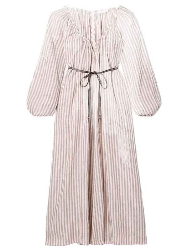 Zimmermann Cascadian Oversized Belted Striped Linen Maxi Dress - Brown