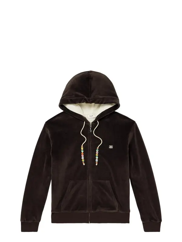 Celine Homme Embellished Logo-embroidered Velour Zip-up Hoodie - Brown