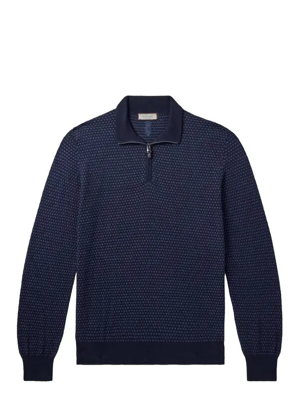 Canali Basketweave Jacquard-knitted Wool Half-zip Polo Shirt - Blue