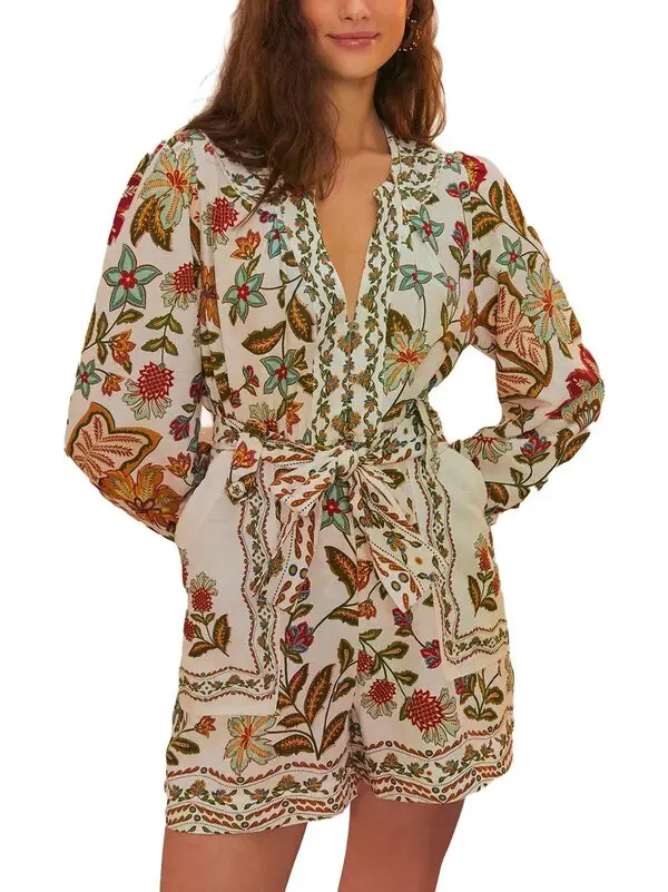 Farm Rio Floral-print Belted Playsuit - Neutrals