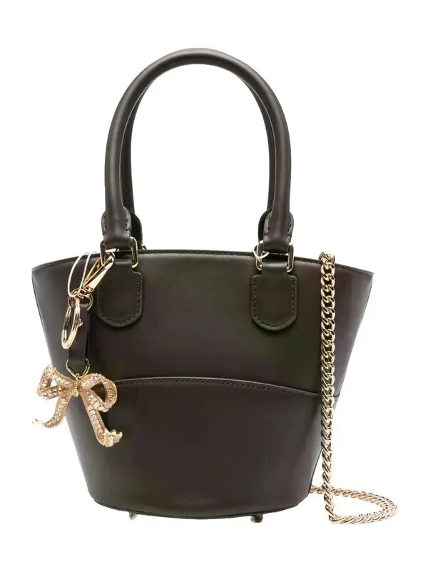 SELF-PORTRAIT Leather Bucket Bag With Crystal Bow Charm - Brown