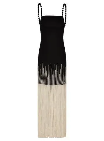 ANDRES OTALORA Silencios Embroidered Fringed Maxi Dress - Black,white