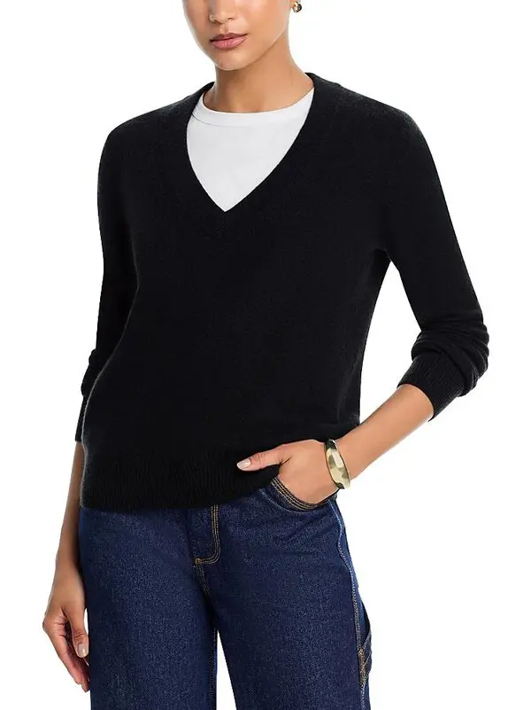 Aqua 100% Cashmere V-neck Sweater - Black