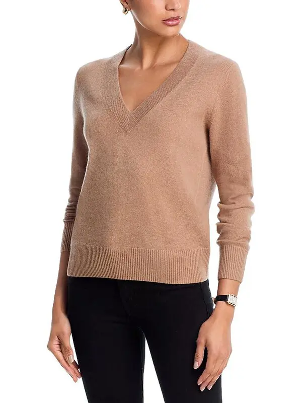 Aqua 100% Cashmere V-neck Sweater - Camel