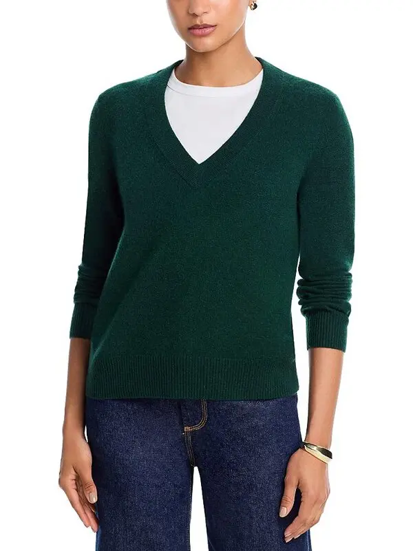 Aqua 100% Cashmere V-neck Sweater - Deep Pine