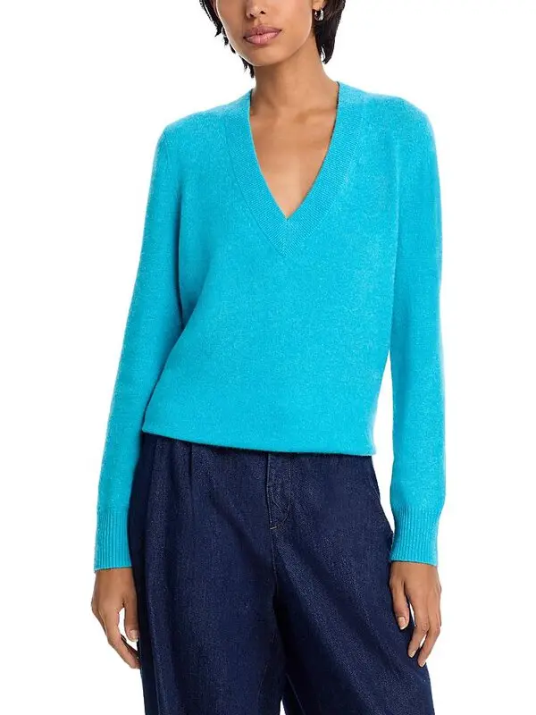 Aqua 100% Cashmere V-neck Sweater - Heather Turquoise