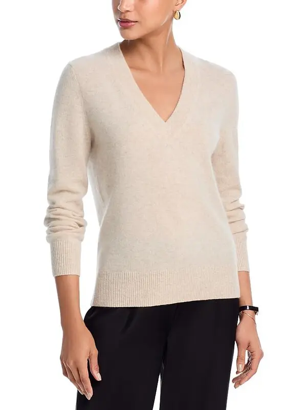 Aqua 100% Cashmere V-neck Sweater - Oatmeal