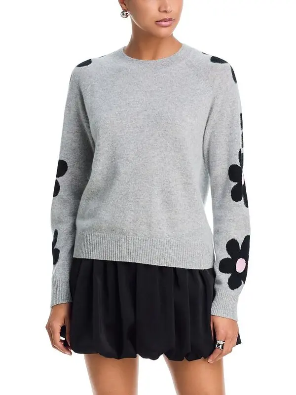 Aqua Floral Sleeve Cashmere Sweater - Light Grey Multi