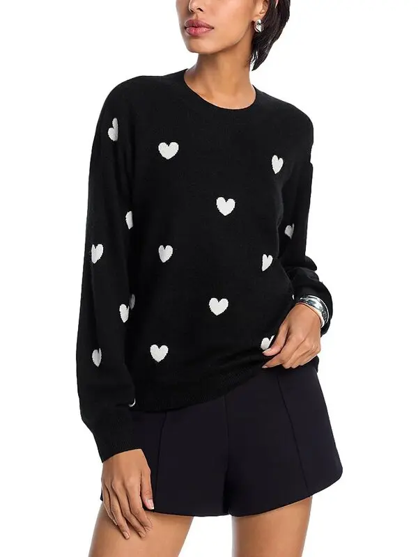 Aqua 100% Cashmere Heart Crewneck Sweater - Black
