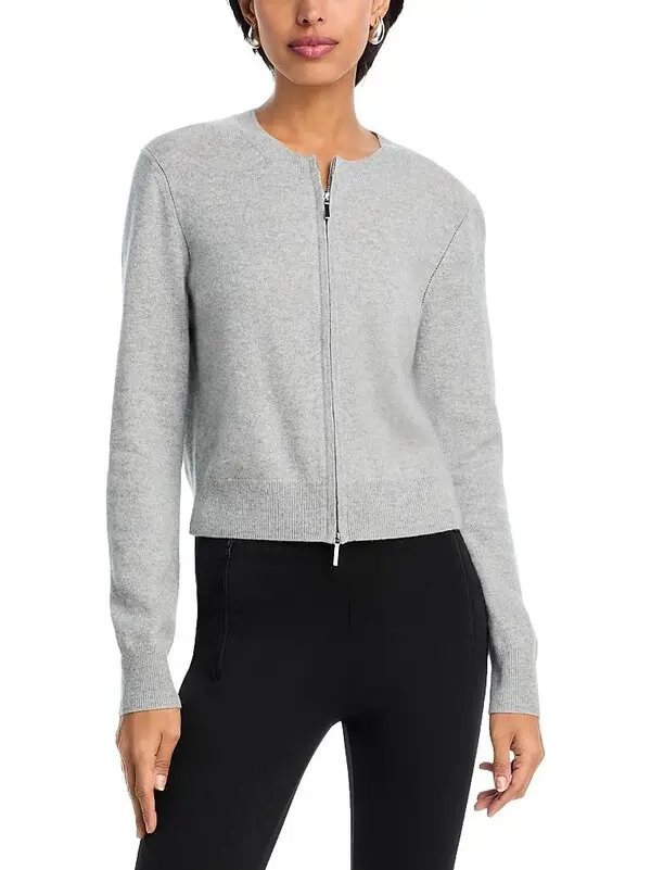 Aqua 100% Cashmere Full Zip Crewneck Cardigan - Light Gray