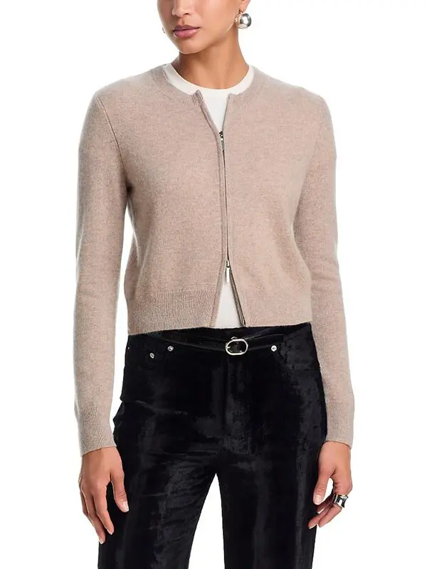 Aqua 100% Cashmere Full Zip Crewneck Cardigan - Wheat