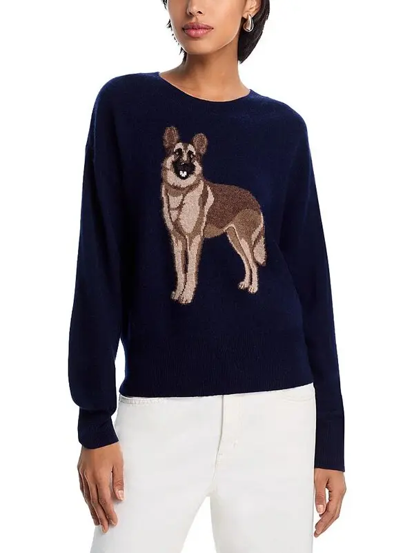 Aqua 100% Cashmere German Shepard Dog Crewneck Sweater - Peacoat