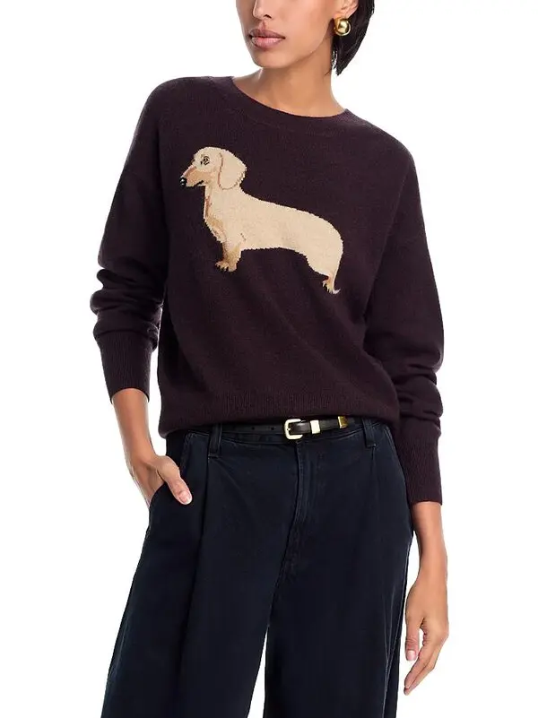 Aqua Cashmere Dachshund Intarsia Sweater - Dark Brown