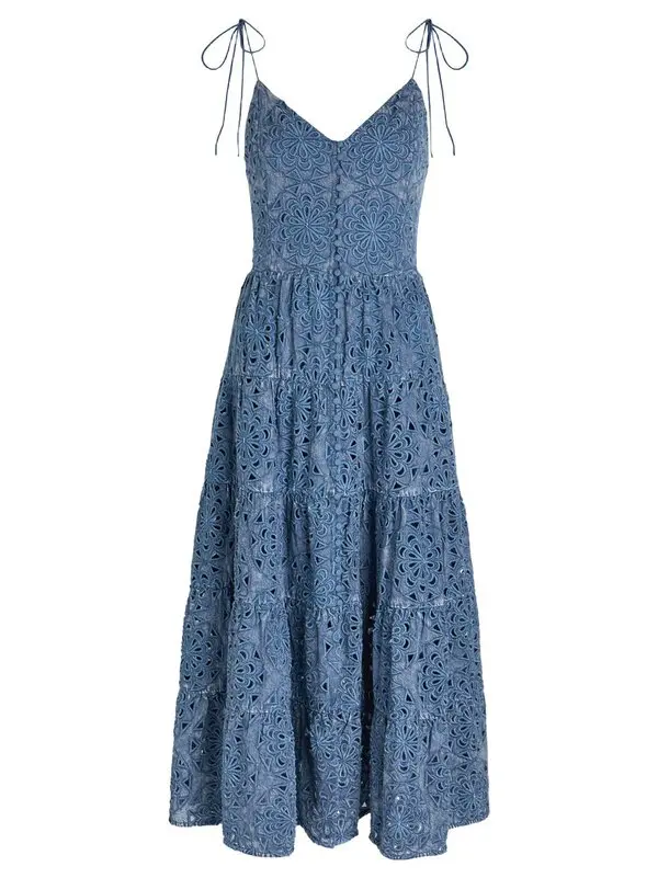 Alice + Olivia Shanti Embroidered Chambray Midi Dress - Blue