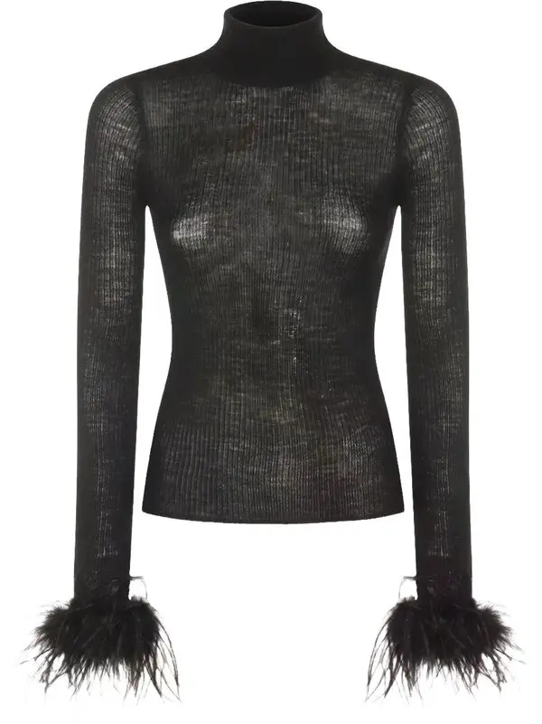 Blumarine Feather-trimmed Ribbed-knit Jumper - Black