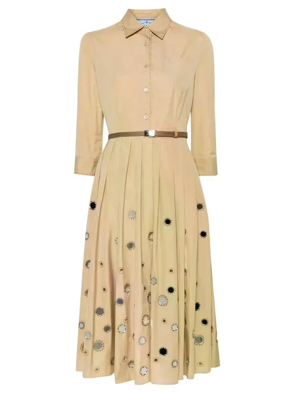 Prada Mirror Embellished Belted Midi Dress - Neutrals