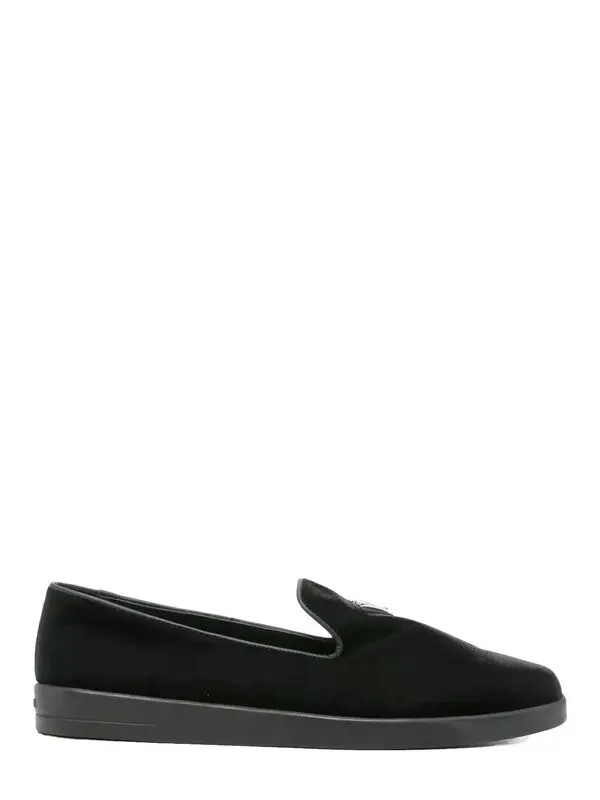 Prada Enamel-triangle-logo Velvet Loafers - Black