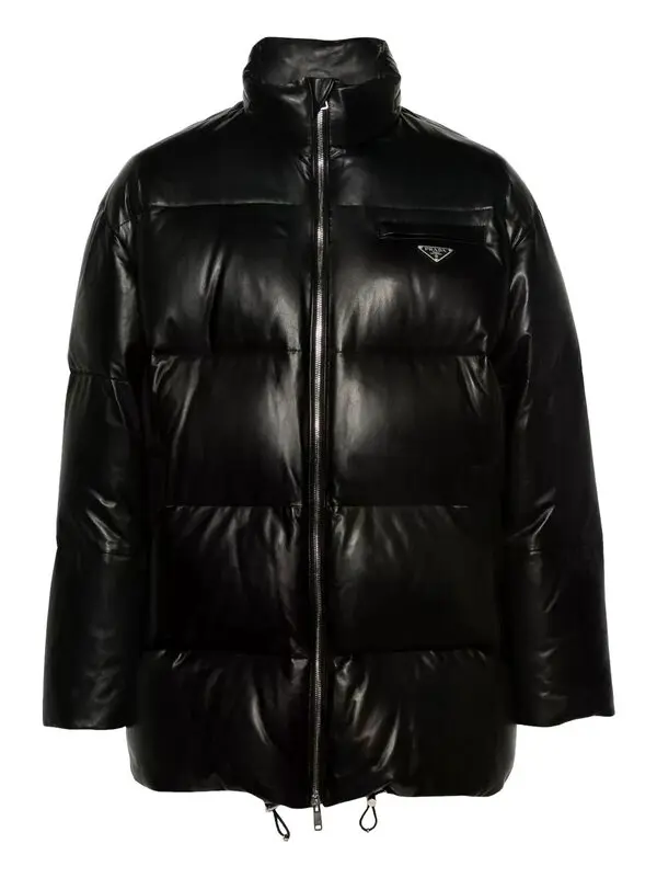 Prada Logo-plaque Leather Puffer Coat - Black