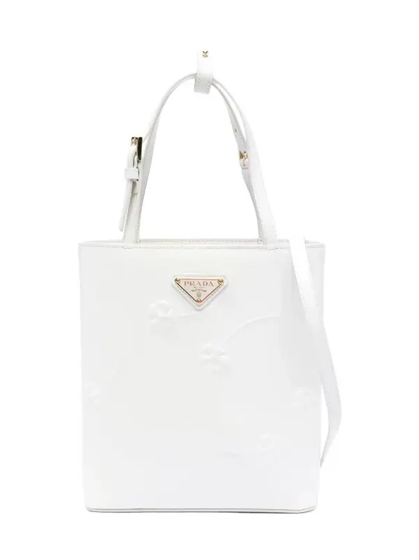 Prada Leather Tote Bag With Floral Motif - White