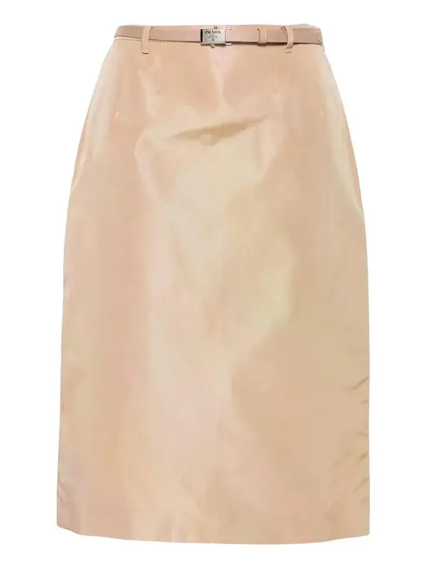 Prada Straight Faille Skirt With Logo Buckle Belt - Neutrals