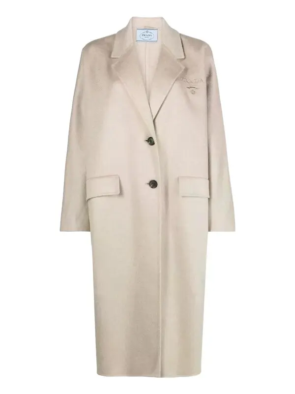 Prada Cashmere Coat With Embroidered Logo - Neutrals