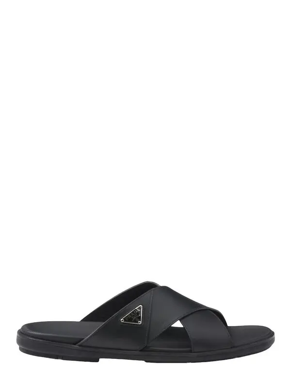 Prada Leather Criss Cross Slides - Black