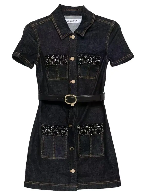 SELF-PORTRAIT Embellished Denim Mini Dress - Blue
