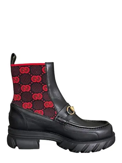 Gucci Monogram Leather Chelsea Boots - Black/red