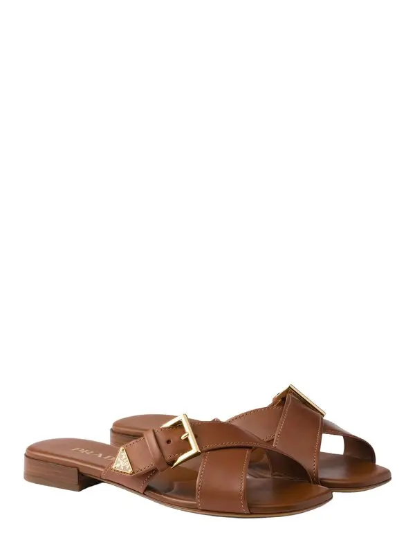 Prada Leather Crisscross Slides With Buckle - Brown