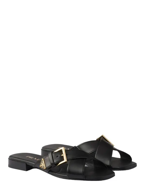 Prada Leather Crisscross Slides With Buckle - Black
