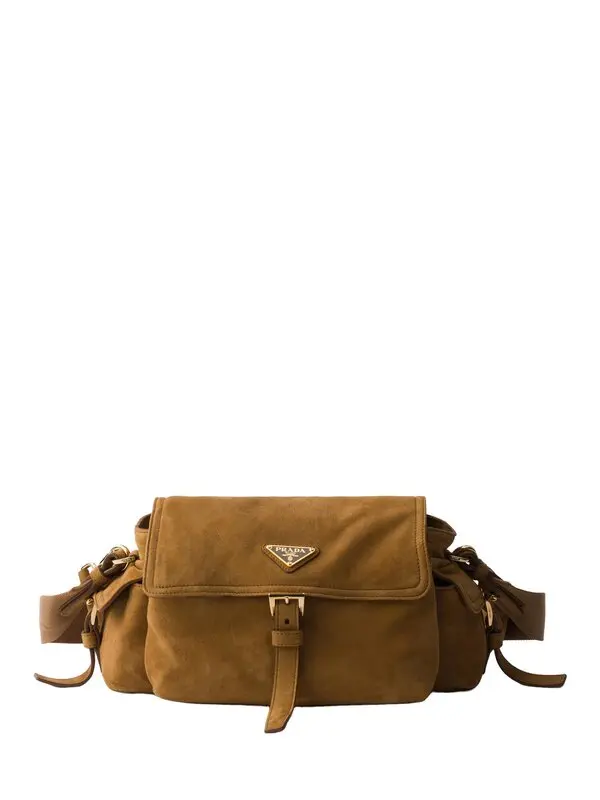 Prada Explore Suede Shoulder Bag With Flap - Brown
