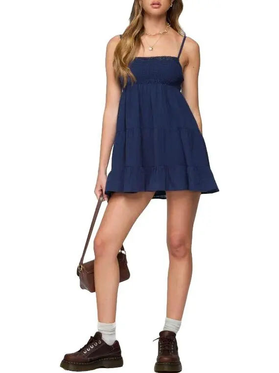 EDIKTED Calley Smocked Babydoll Mini Dress - Navy