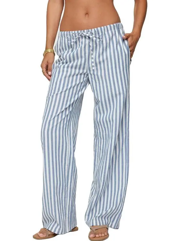 EDIKTED Striped Wide Leg Pants - Blue-and-white
