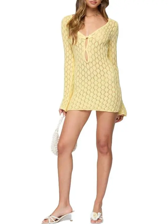 EDIKTED Brie Open Stitch Long Sleeve Mini Sweater Dress - Yellow