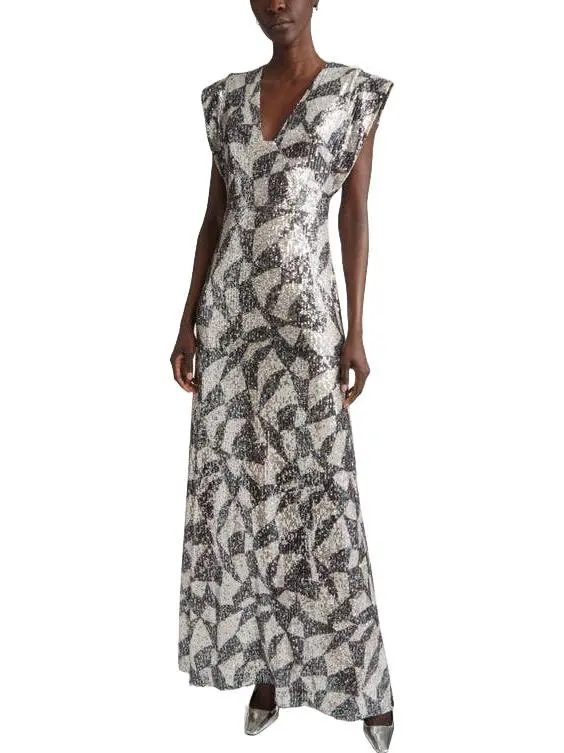 St. John Cubist Sequin Gown - Ecru/black Multi