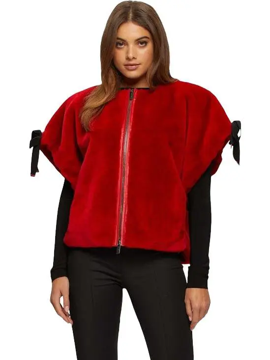Gorski Genuine Shearling Short Sleeve Jacket - Red