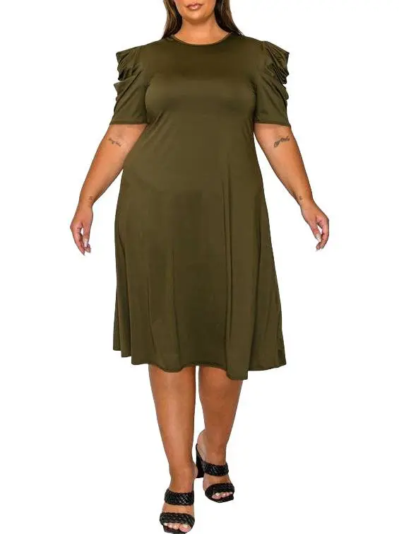 L I V D Aleyna Puff Sleeve A-line Dress - Army