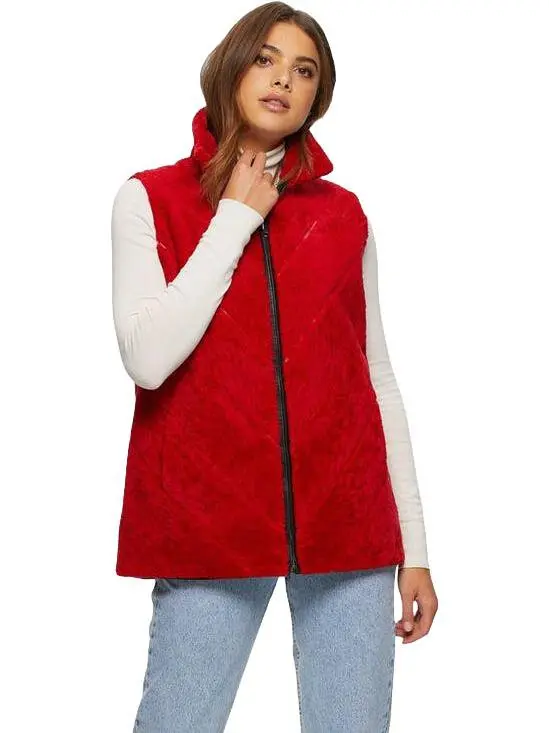 Gorski Reversible Chevron Genuine Shearling Vest - Red/black