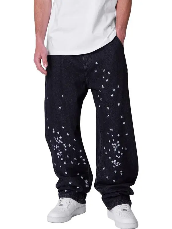 Mnml Embroidered Fleurs De Lis Ultra Baggy Jeans - Black