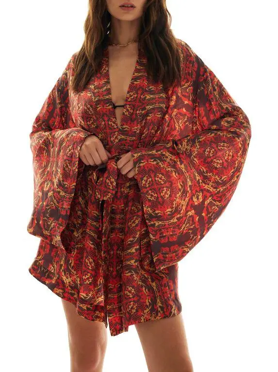 JE TE VEUX Abstract Print Habotai Silk Caftan - Red/brown
