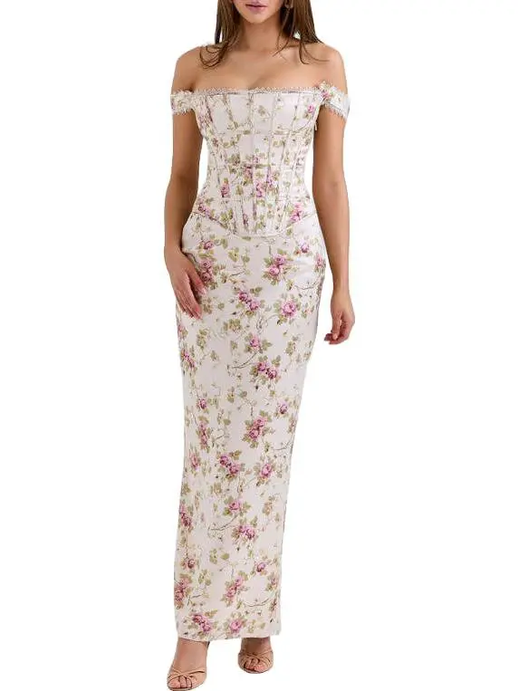 House Of Cb Floral Corset Bodice Gown - White Floral Print