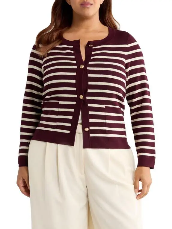 TAHARI ASL Striped Cardigan - Plum Vanilla