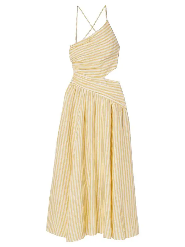 Zimmermann Cascadian Cutout Ruched Striped Linen Midi Dress - Yellow