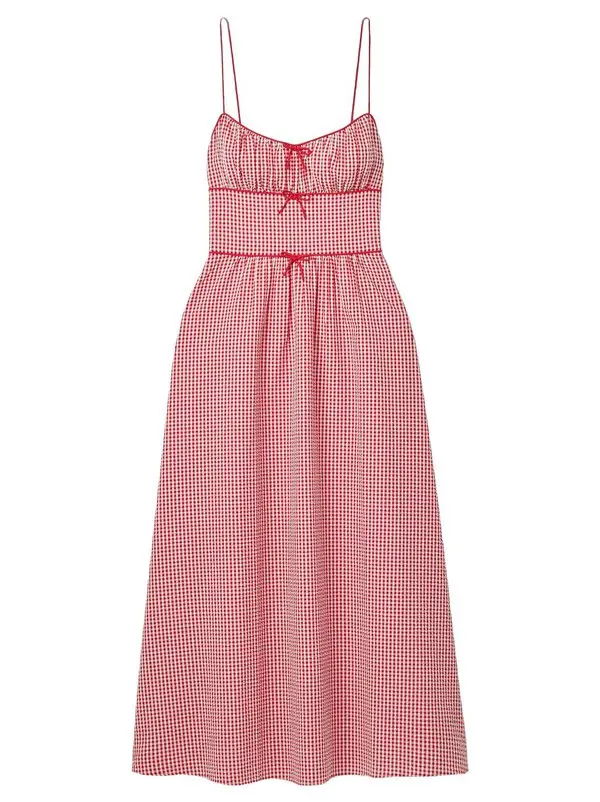 DÔEN Belline Bow-detailed Gingham Recycled-seersucker Midi Dress - Red
