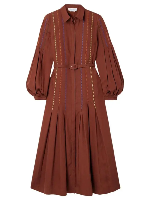 Gabriela Hearst Aleka Belted Embroidered Linen Midi Shirt Dress - Burgundy