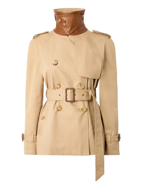 Chloé Double-breasted Leather-trimmed Cotton-gabardine Trench Coat - Brown